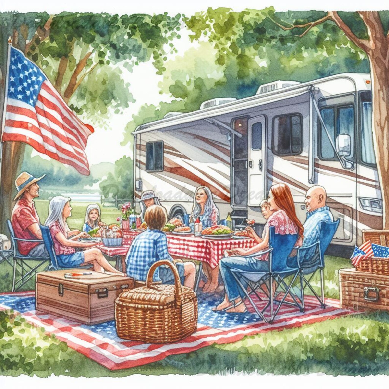 22 Fourth of July Camping Watercolor Clipart Bundle Tents Rvs Family ...