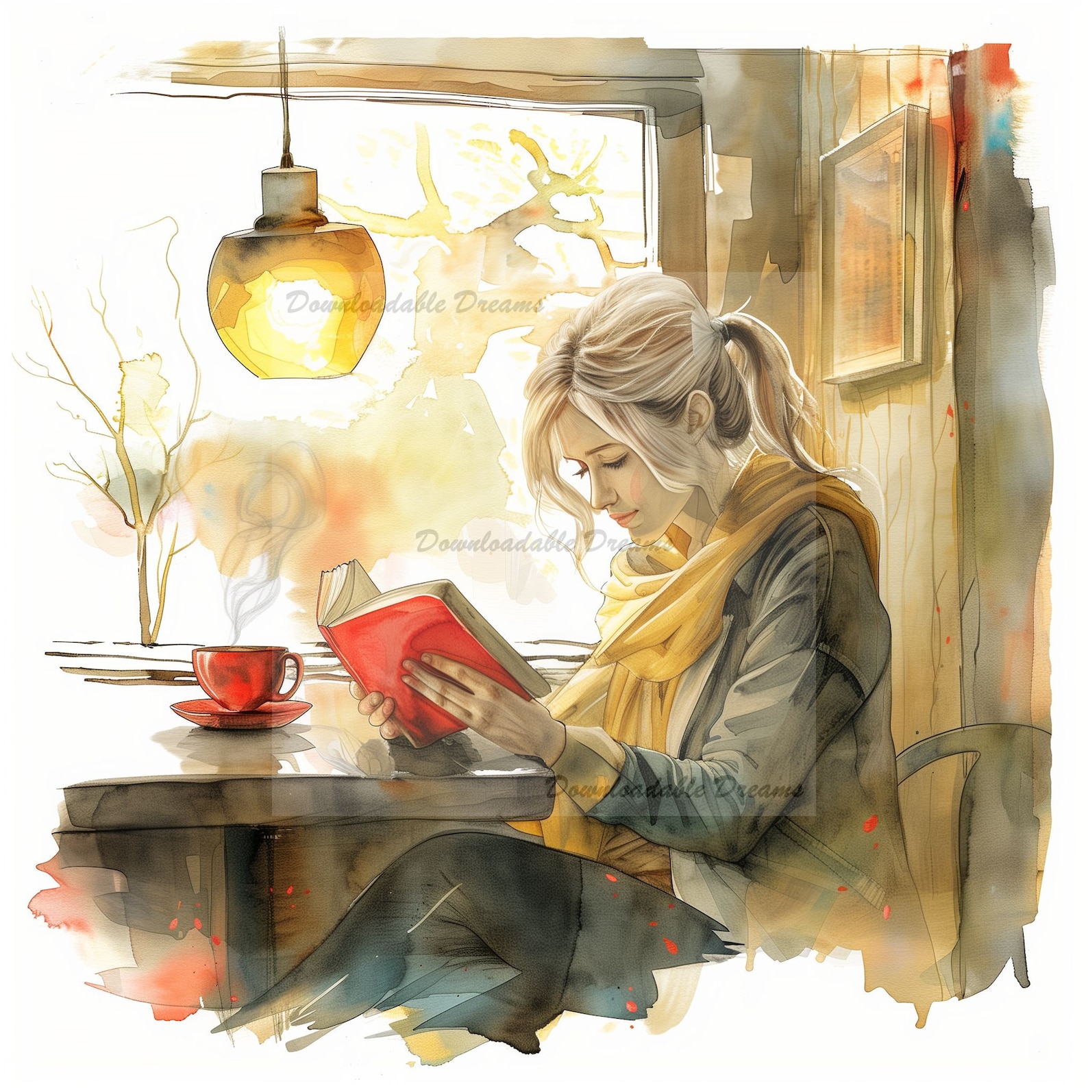 12 Beautiful Women Reading a Book in a Coffee Shop Cafe Watercolor ...