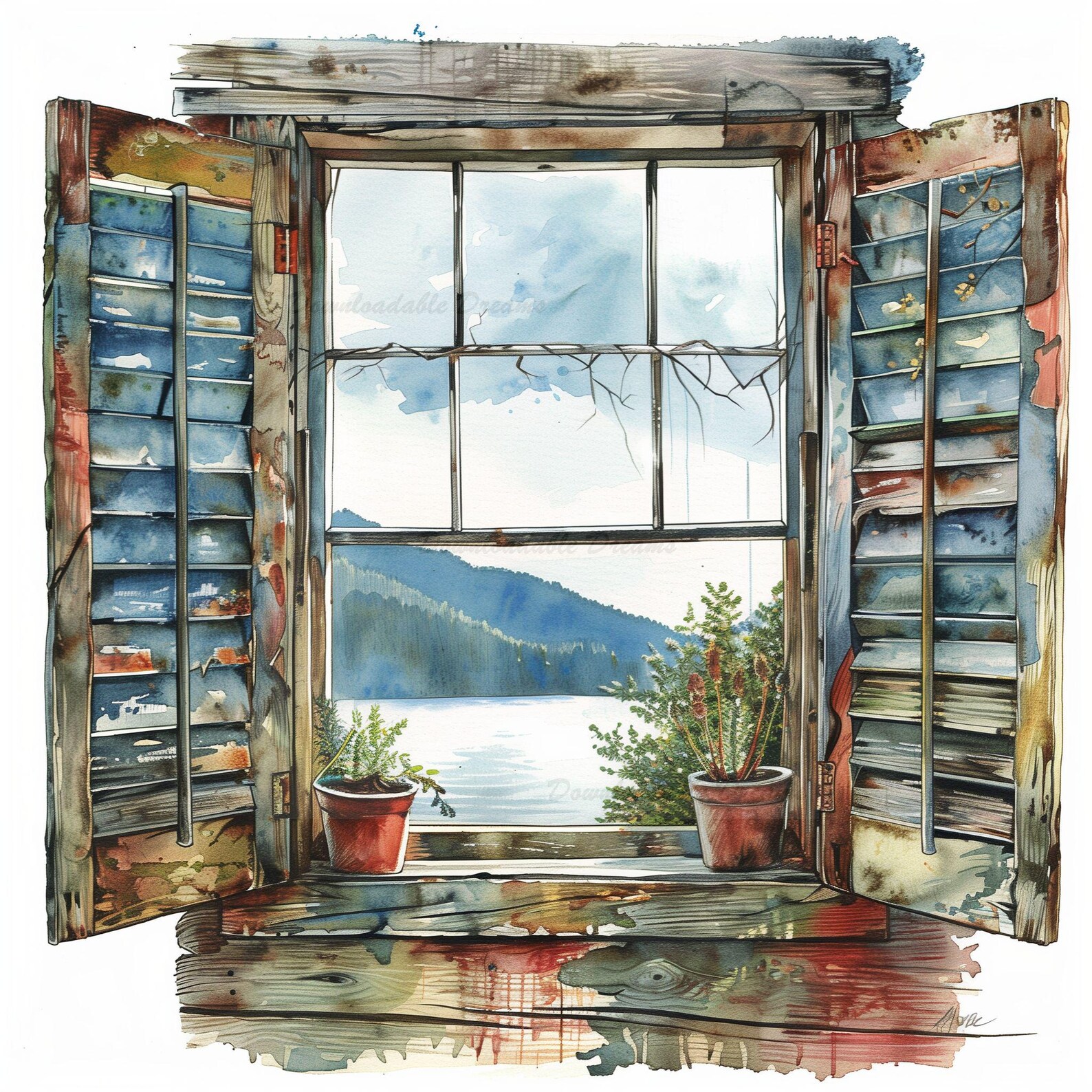 Rustic Lake Cabin Window Clipart: Serene Watercolor Scenes (digital ...