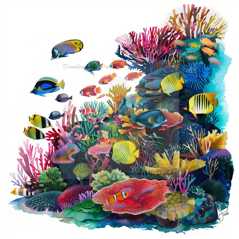 Watercolor Coral Reef Clipart: Colorful Fish Scene (digital Download ...