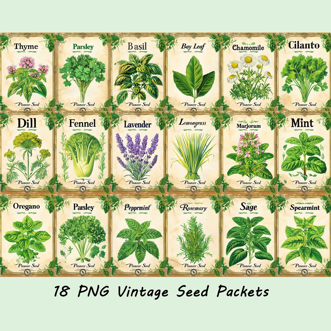 18 Vintage Herb Seed Packets PNG Clipart Bundle Scrapbooking Kit ...