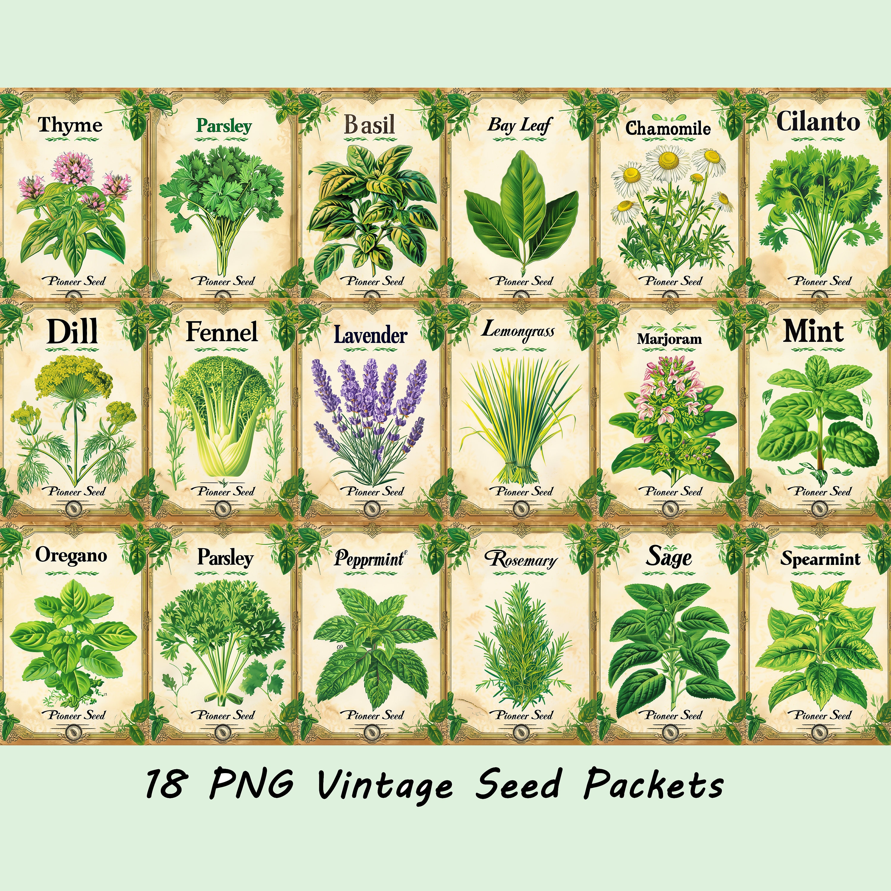 18 Vintage Herb Seed Packets PNG Clipart Bundle Scrapbooking Kit ...