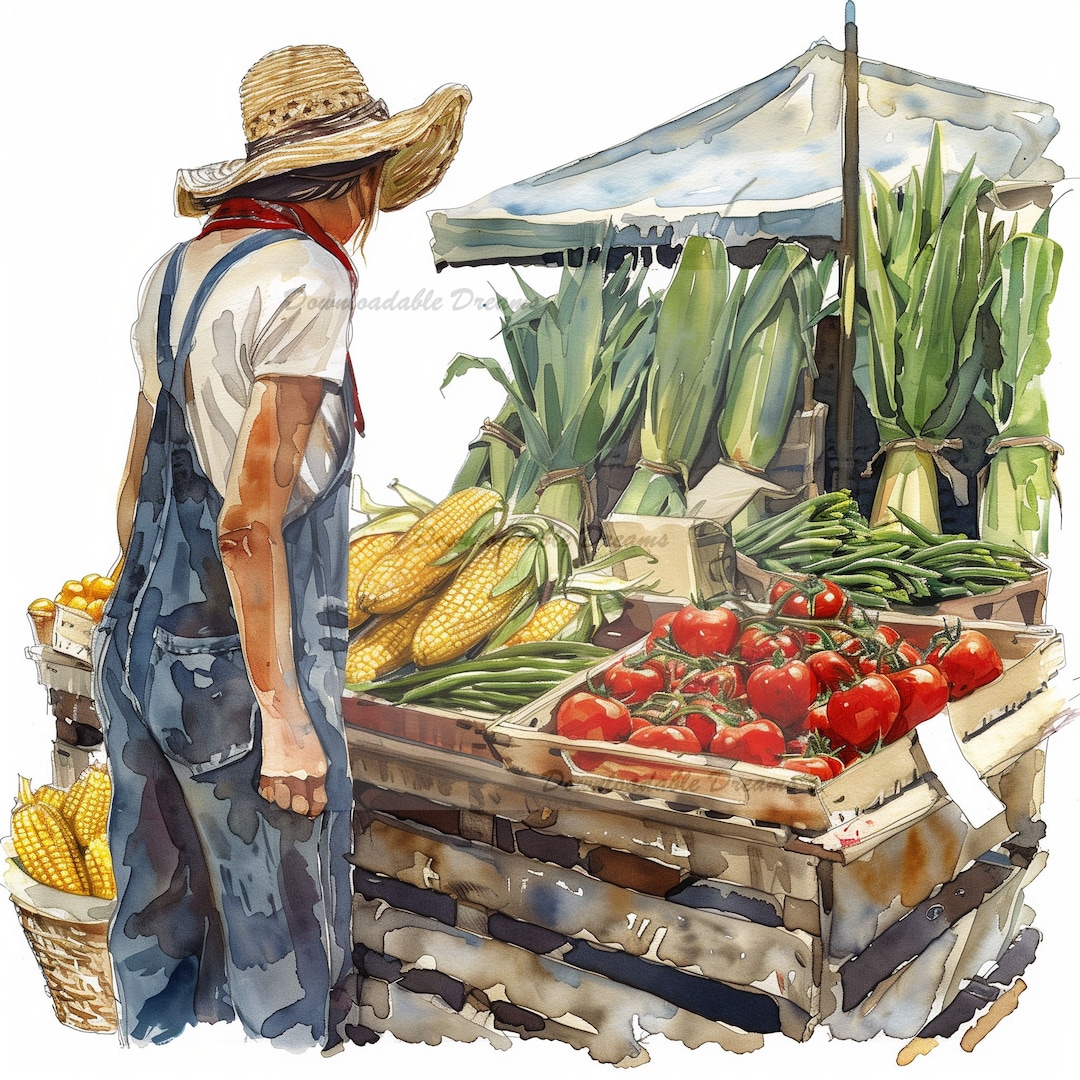 16 Summer Farmer's Market Stand With People Watercolor Clipart Bundle ...