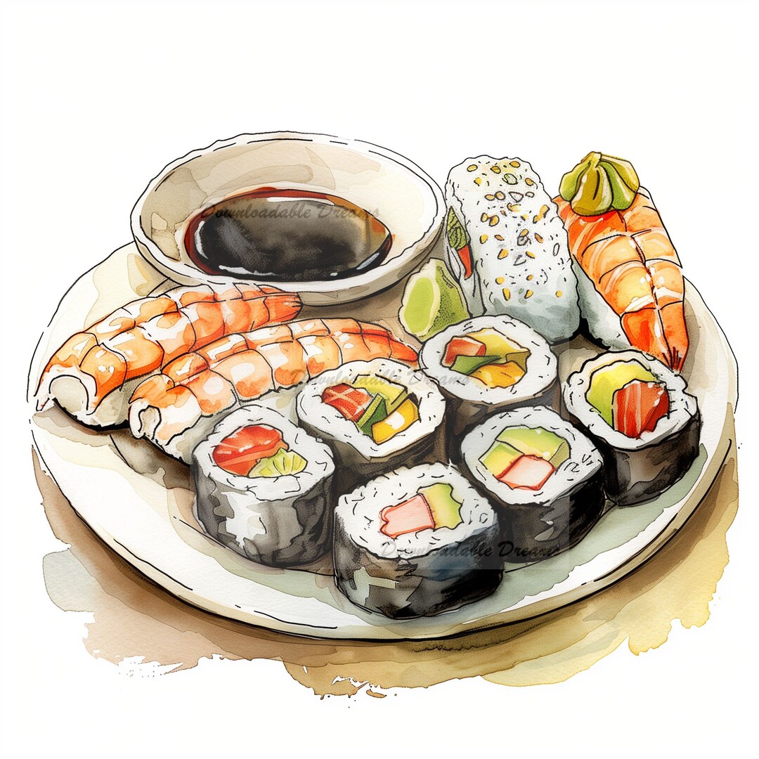 12 Delicious Sushi Watercolor Clipart Bundle High Quality Instant ...