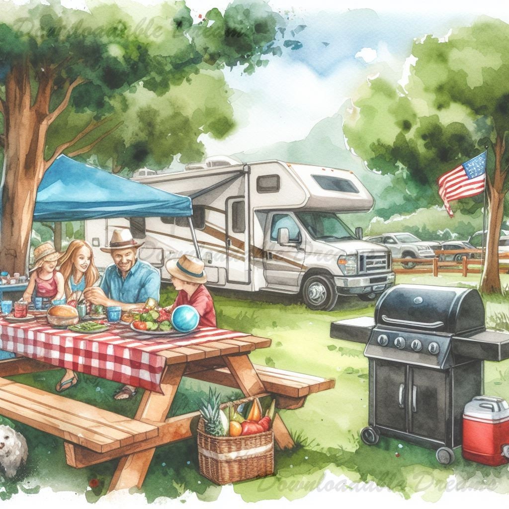 22 Fourth of July Camping Watercolor Clipart Bundle Tents Rvs Family ...