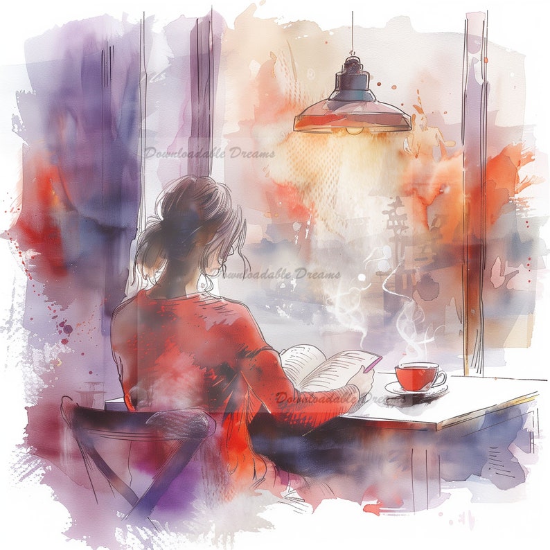 12 Beautiful Women Reading a Book in a Coffee Shop Cafe Watercolor ...