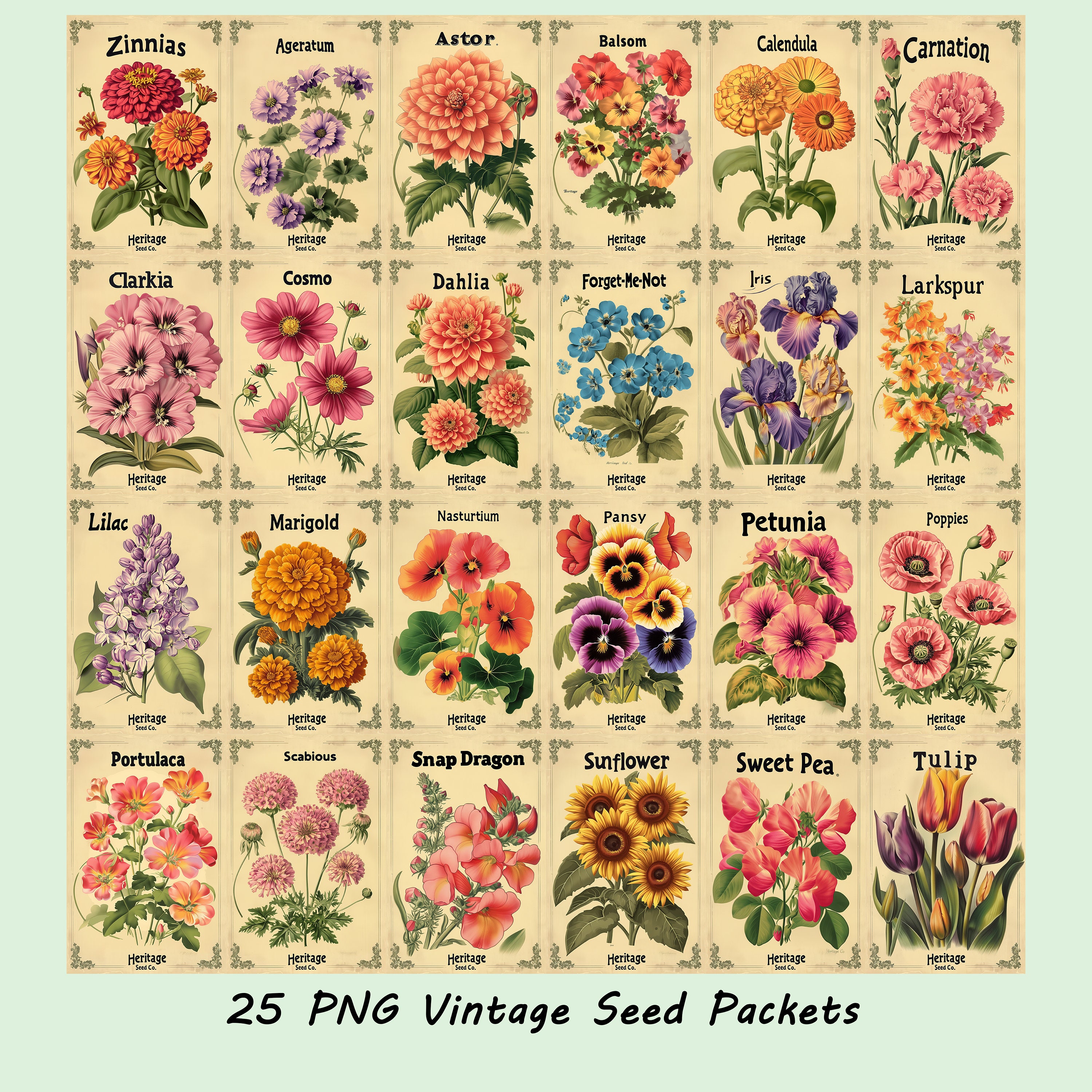 25 Beautiful Vintage Flower Seed Packet PNG Clipart Bundle Scrapbooking ...