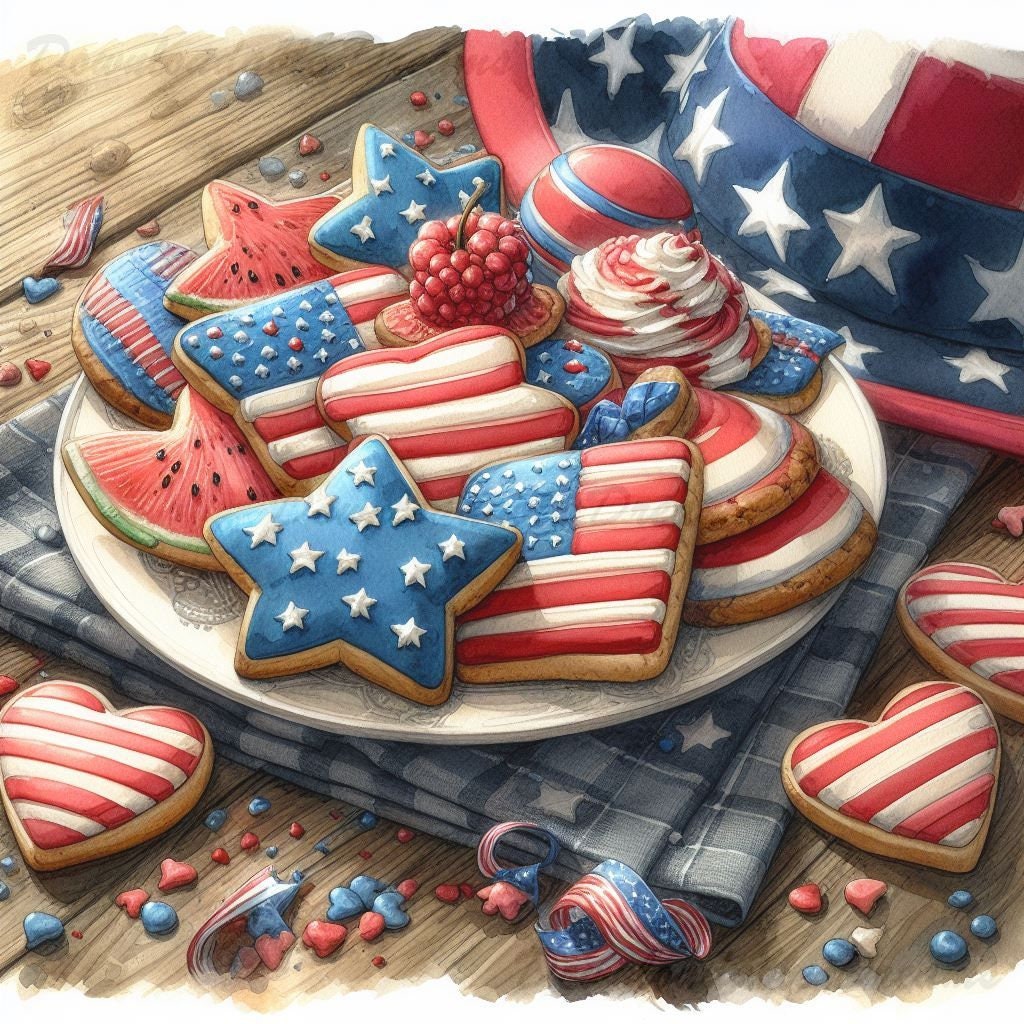 20 Fourth of July Watercolor Sweets Deserts Cookies Clipart Bundle ...