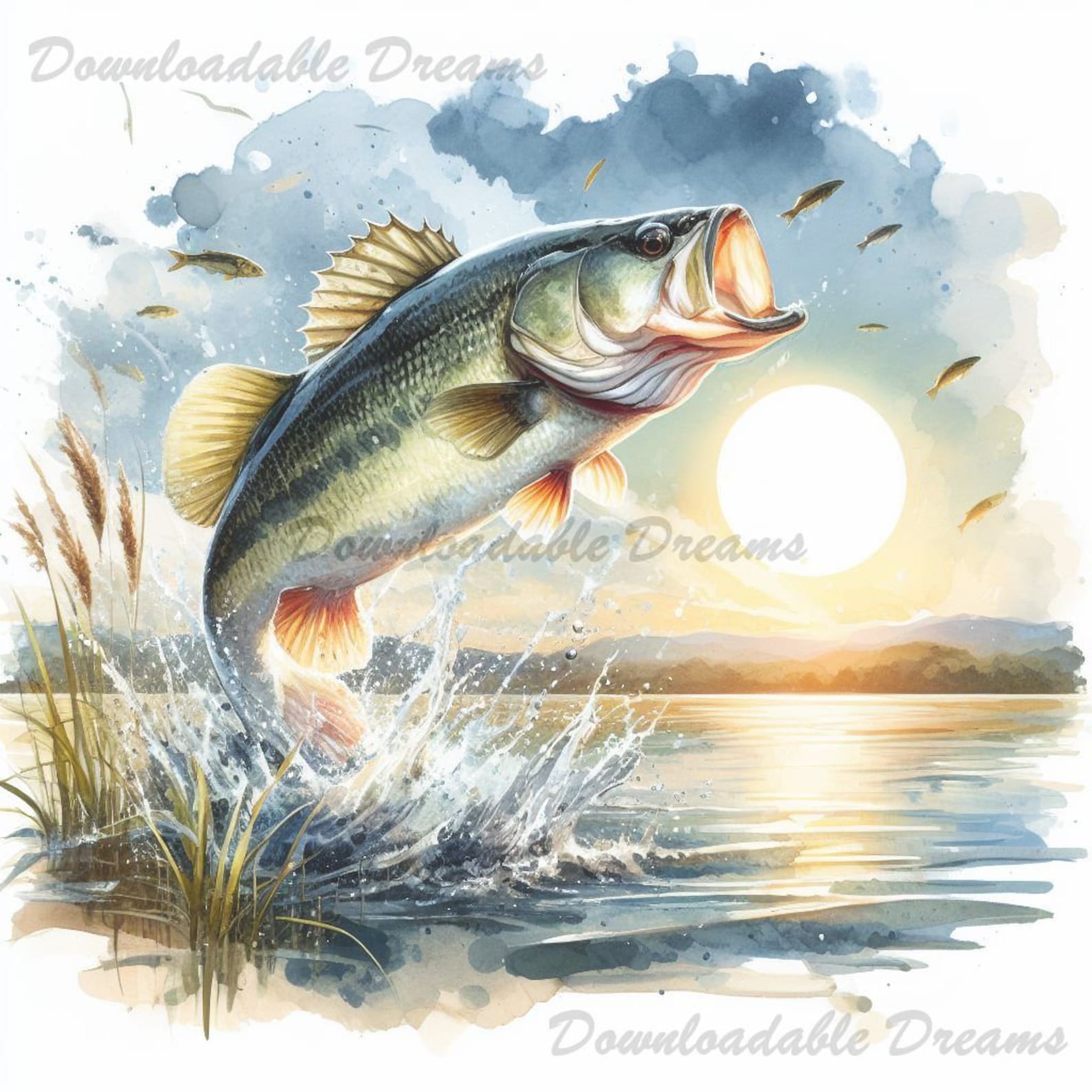 Bass Fishing Watercolor Clipart Bundle: Jumping Fish Art (digital ...