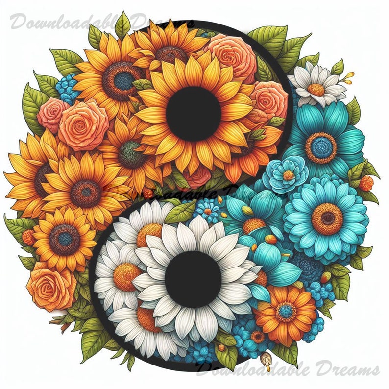 11 Sunflower & Floral Boho Yin Yang Symbol Clipart Bundle High Quality ...
