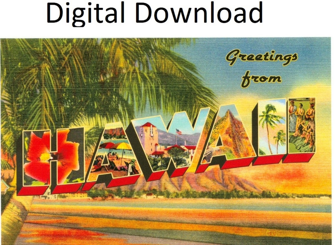 Greetings From Hawaii Vintage Postcard - Digital Printable Download - Large Letter Antique 1930s ...