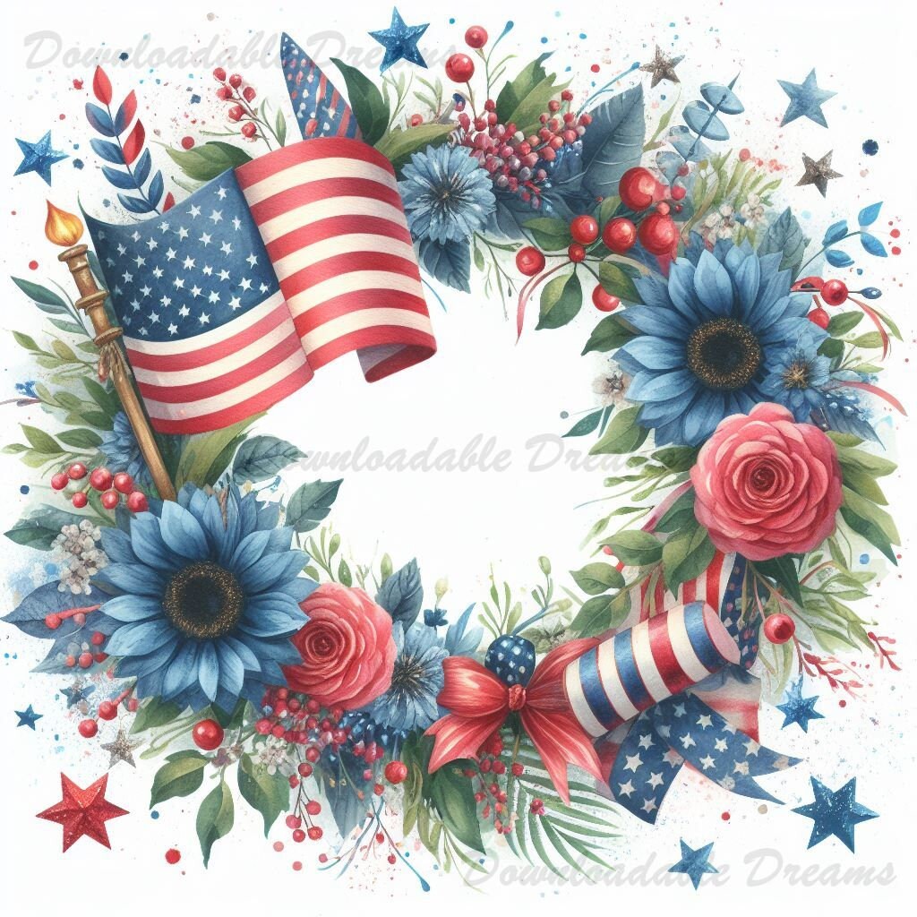 22 Fourth of July Flowers Watercolor Clipart Bundle Red White Blue ...