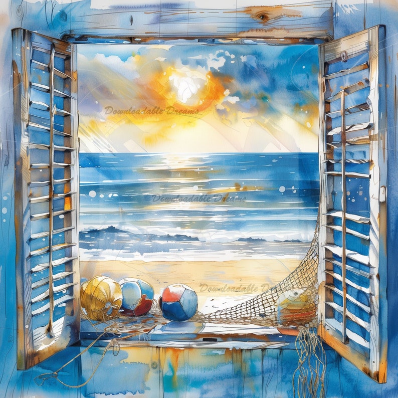 12 Serene Beach House Window Watercolor Scenes Clipart Bundle High ...