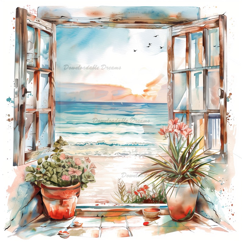 12 Serene Beach House Window Watercolor Scenes Clipart Bundle High ...