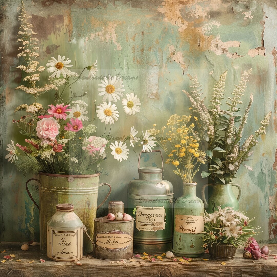 Shabby Chic Flower Clipart: Rustic Vintage Cans (JPG Image) - Etsy