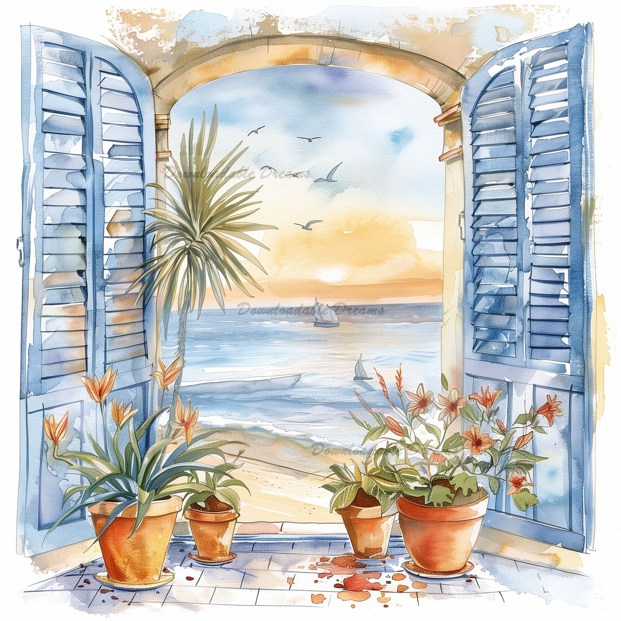 12 Serene Beach House Window Watercolor Scenes Clipart Bundle High ...