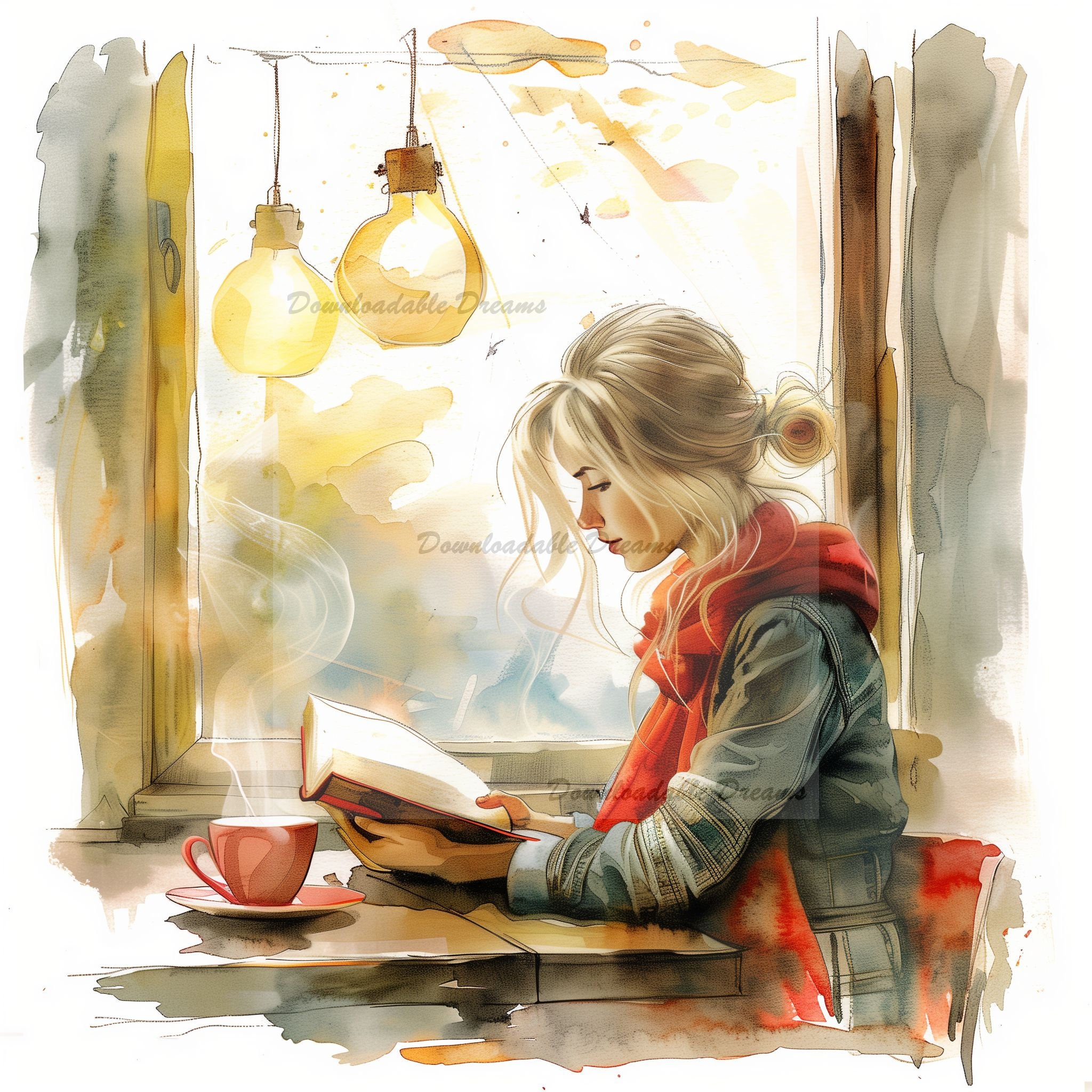 12 Beautiful Women Reading a Book in a Coffee Shop Cafe Watercolor ...