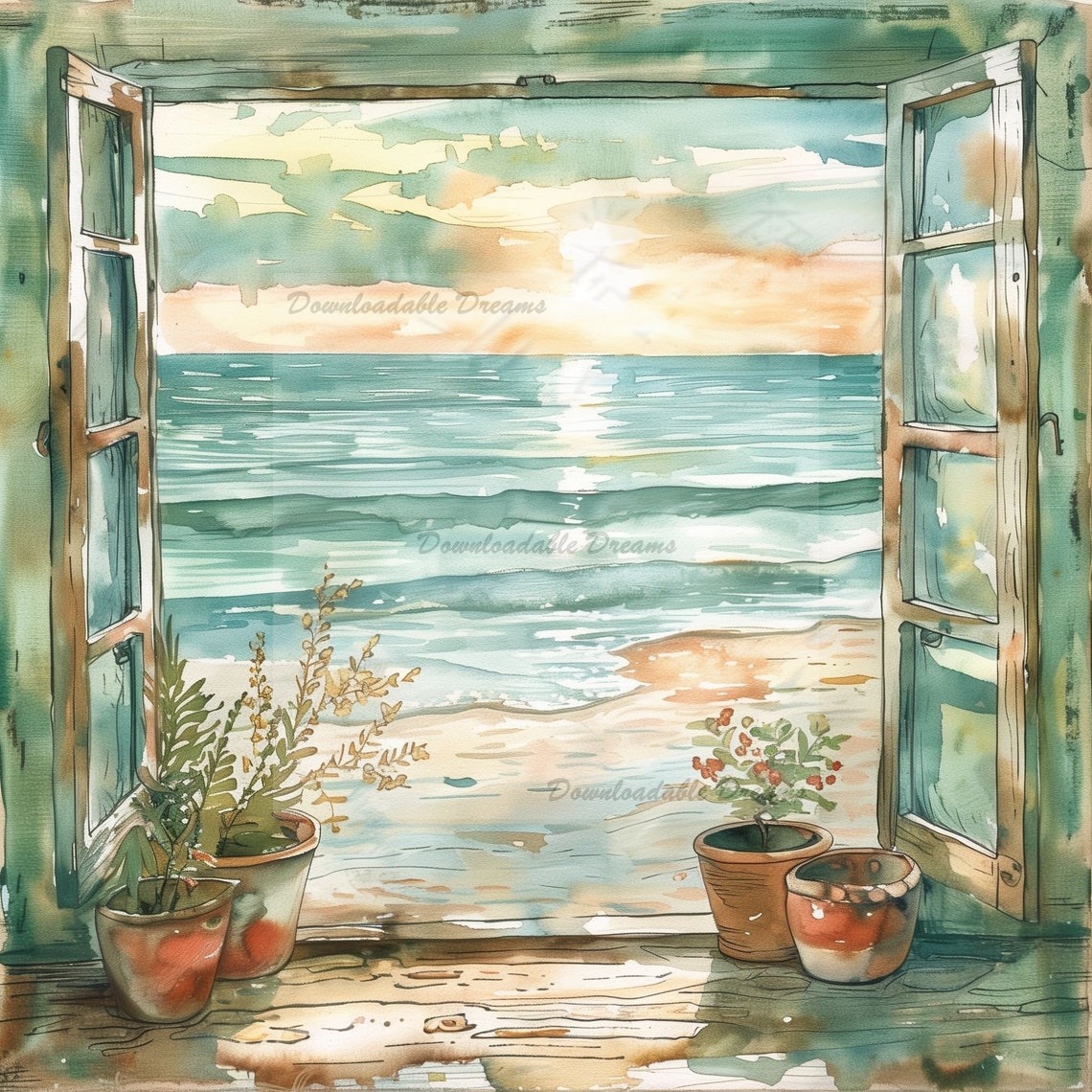 12 Serene Beach House Window Watercolor Scenes Clipart Bundle High ...