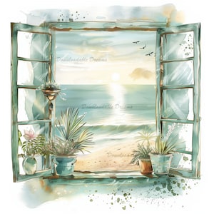 12 Serene Beach House Window Watercolor Scenes Clipart Bundle High ...