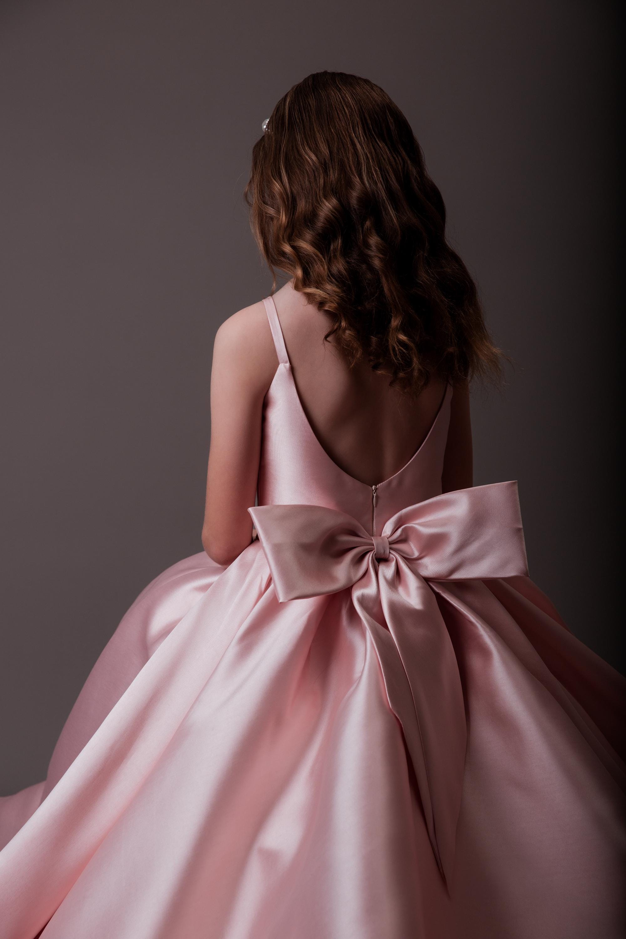 Blush Pink Mikado Wedding Flower Girl Dress Backless Open Back Princess ...