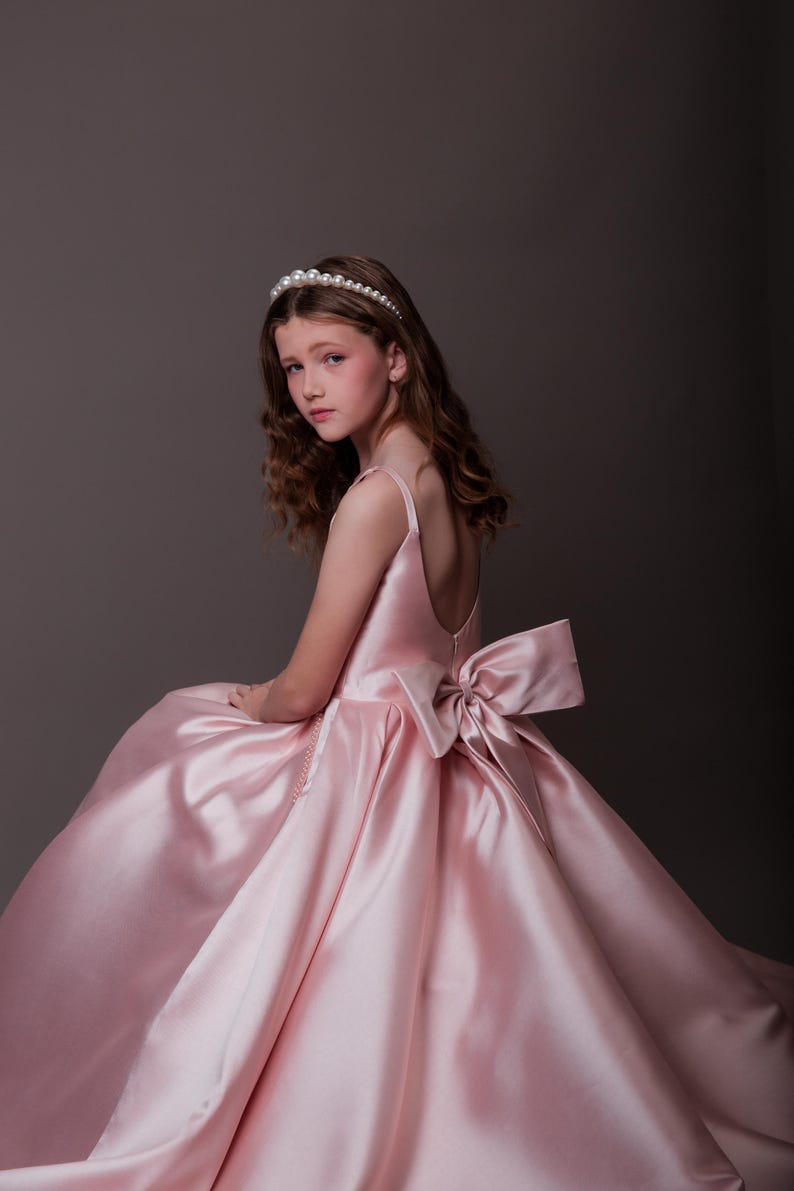 Blush Pink Mikado Wedding Flower Girl Dress Backless Open Back Princess ...