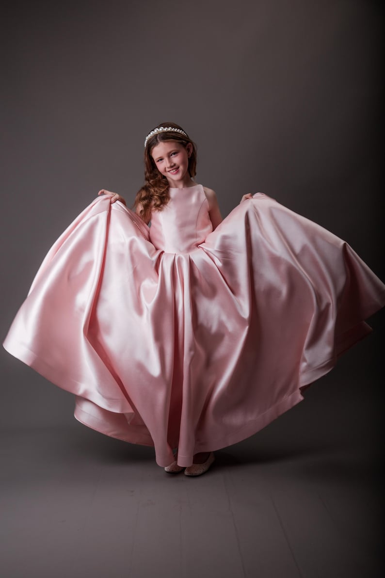 Blush Pink Mikado Wedding Flower Girl Dress Backless Open Back Princess ...