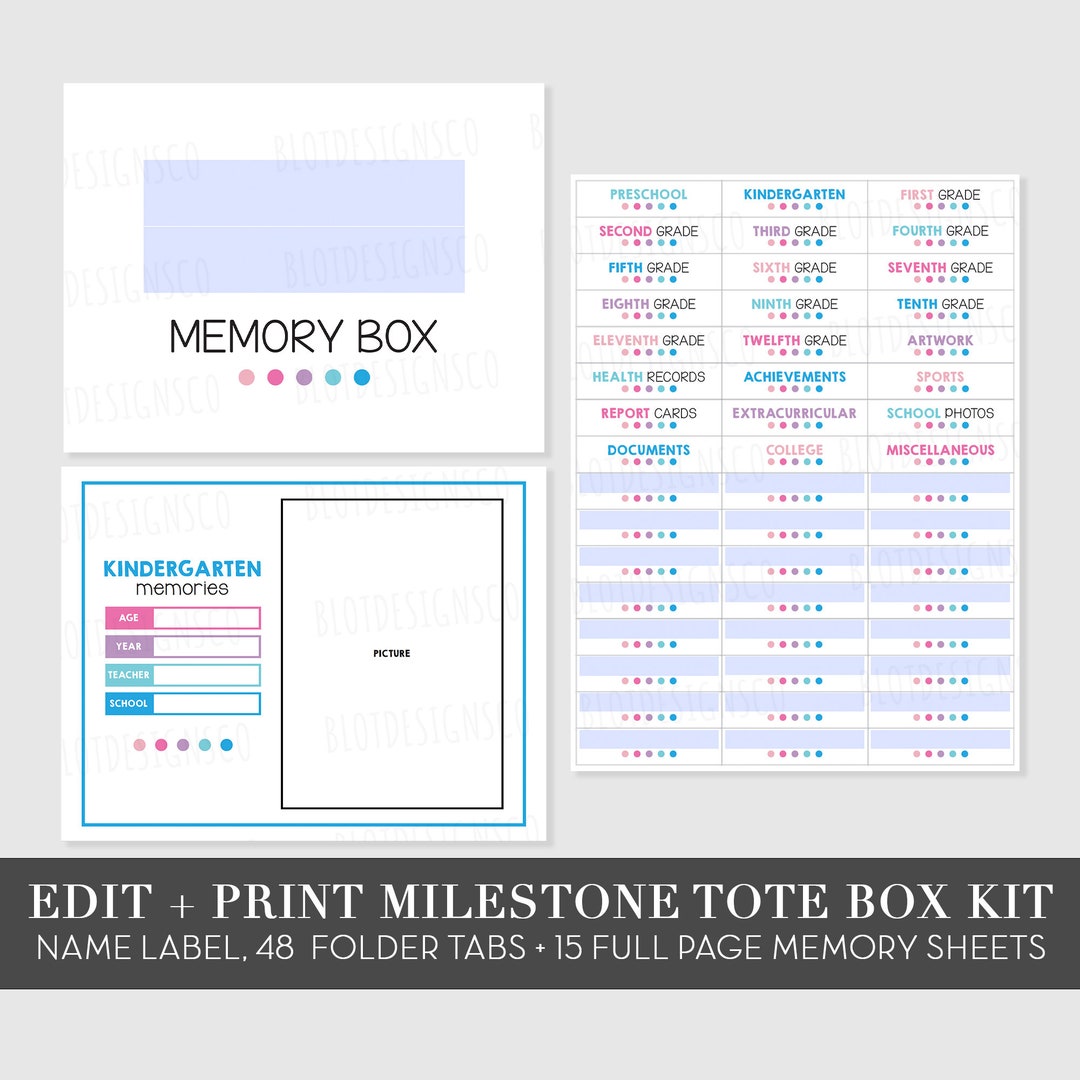 Editable PDF Memory Box Kit Tote Labels, School File Organization Kit ...