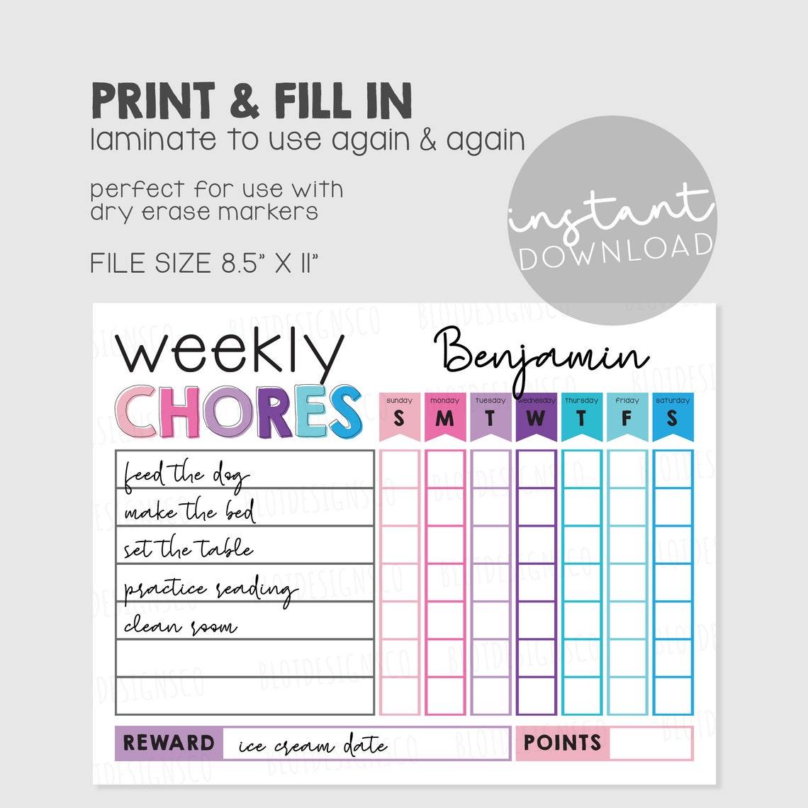Printable Weekly Chore Chart Teen Chore Chart EDITABLE | Etsy