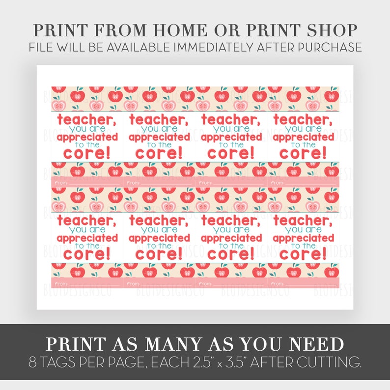 Teacher Appreciation Gift Tag, You Are Appreciated to the Core Tag ...