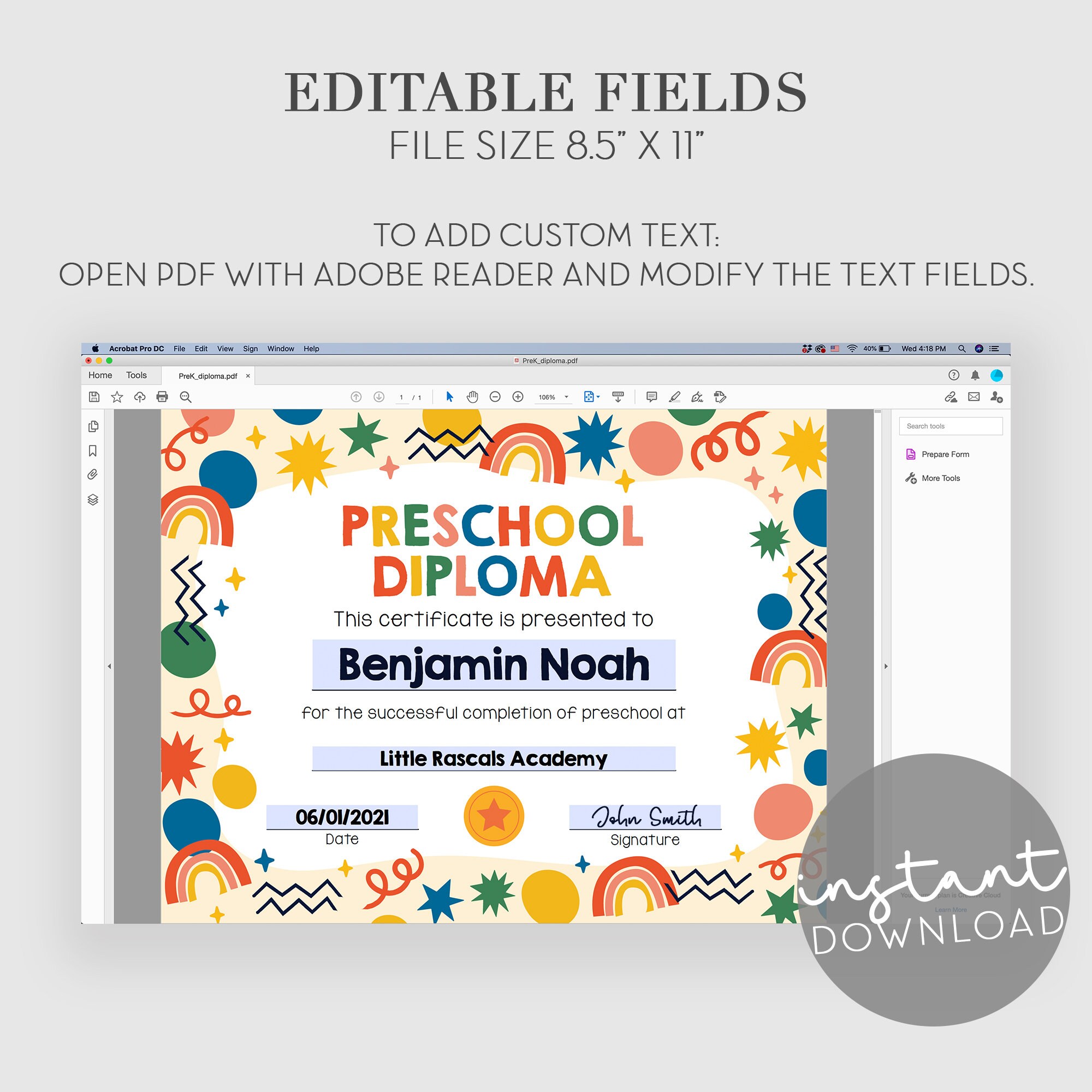 Printable Preschool Graduation Editable Diploma Customizable - Etsy