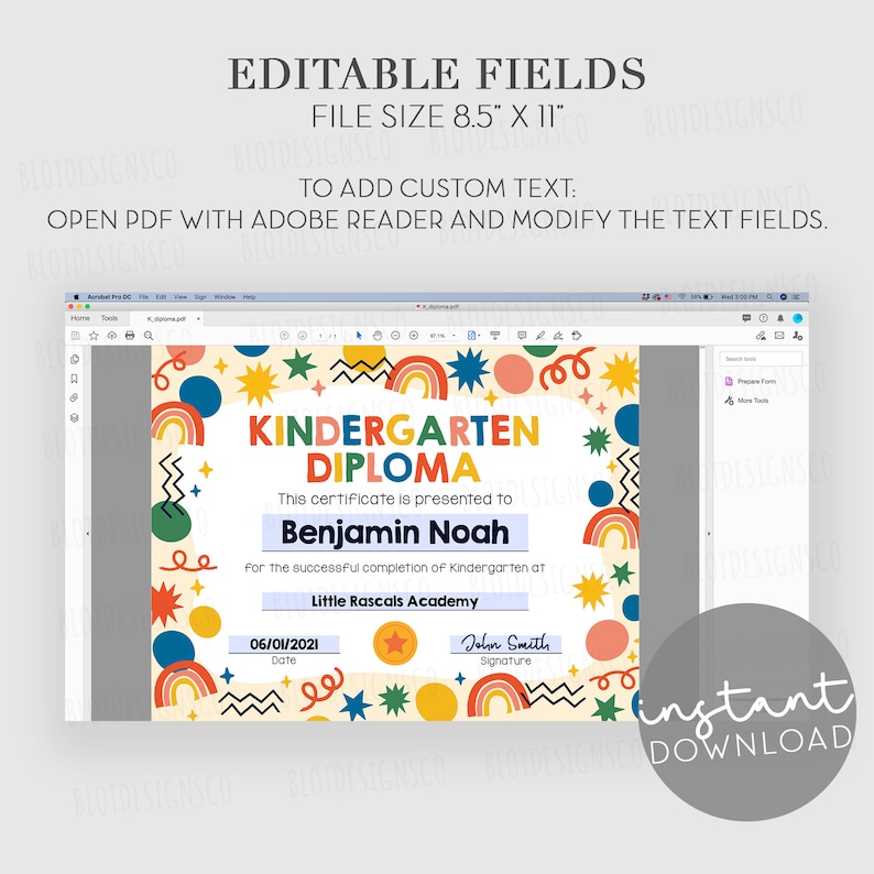 Printable Kindergarten Graduation Editable Diploma, Customizable ...