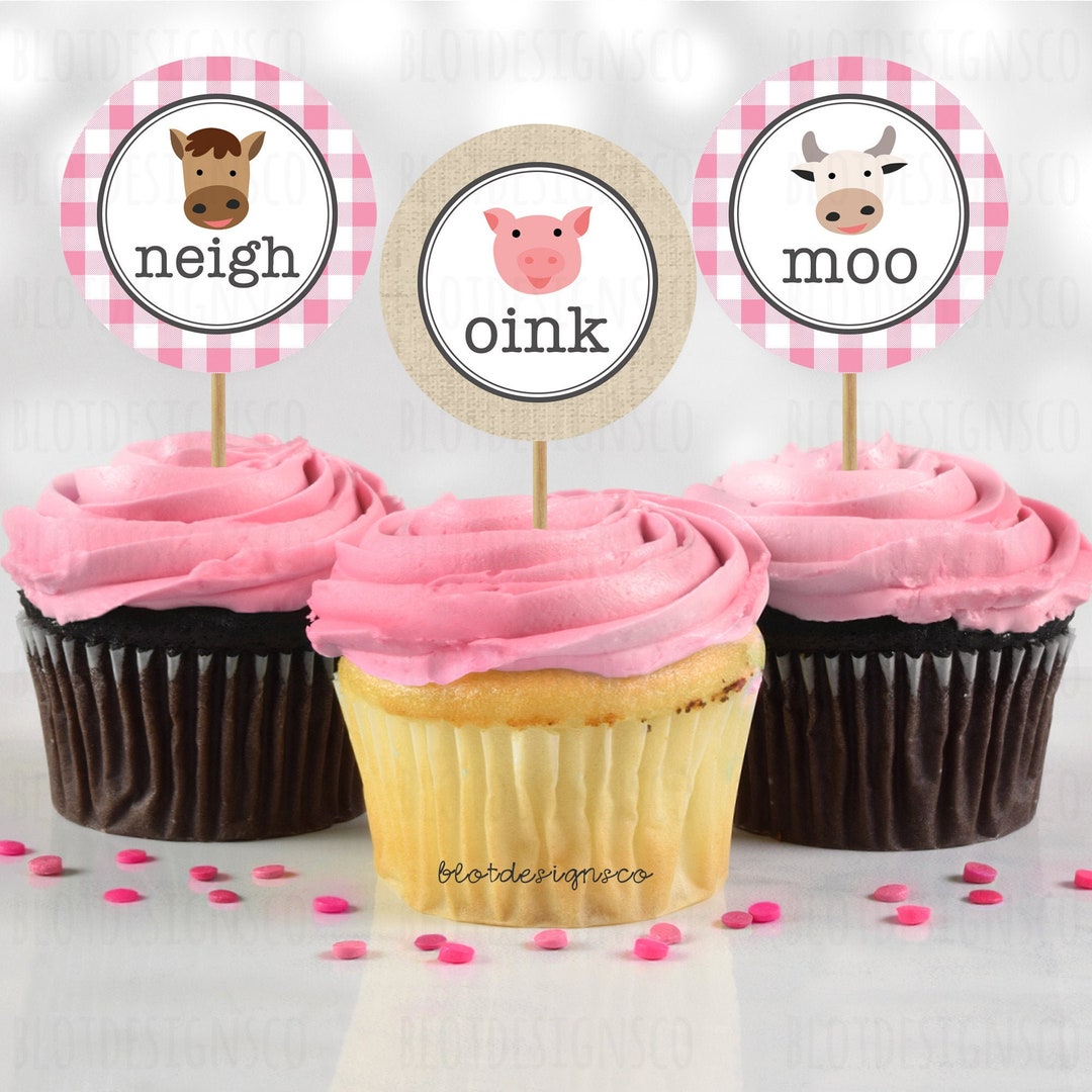 Pink Barnyard Farm Cupcake Toppers, Printable Barnyard Farm Stickers ...