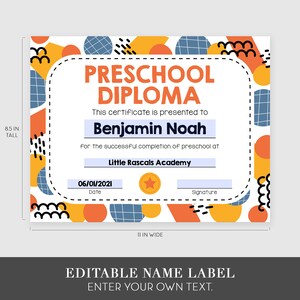 Editable Preschool Diploma, Preschool Graduation Certificate, Preschool ...