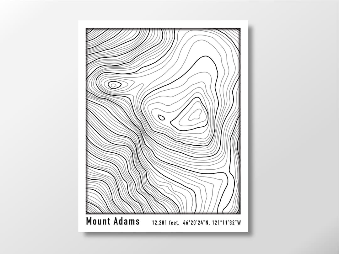 Mount Adams Topographic Map Poster, Black Lines on White Background ...