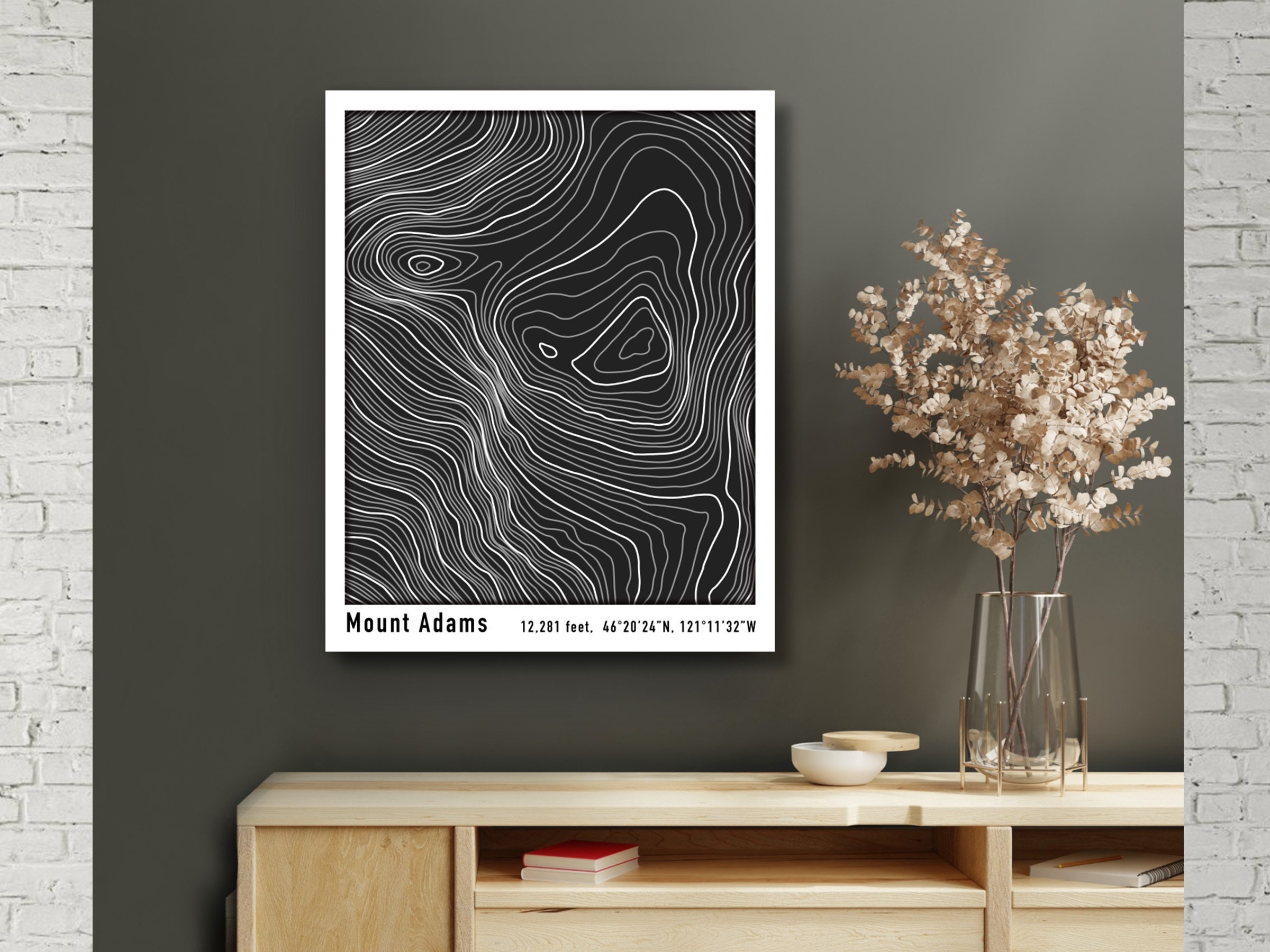 Mount Adams Topographic Map Poster, White Lines on Black Background ...
