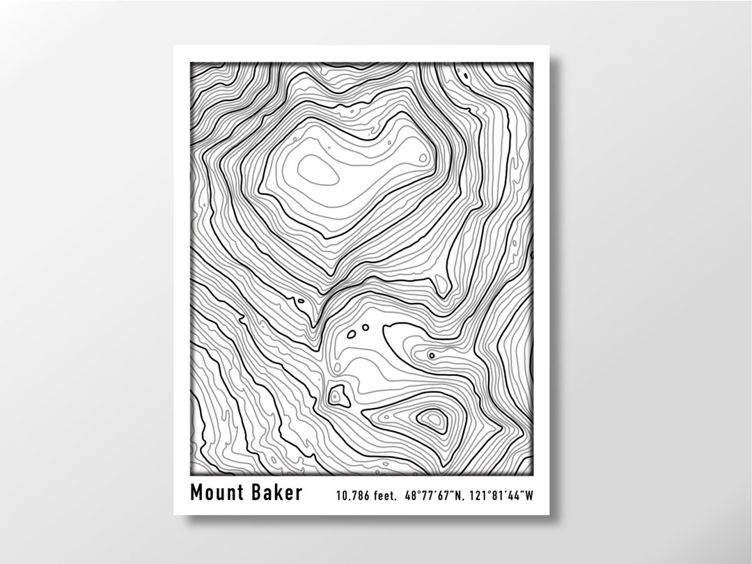 Mount Baker Topographic Map Poster, Black Lines on White Background ...
