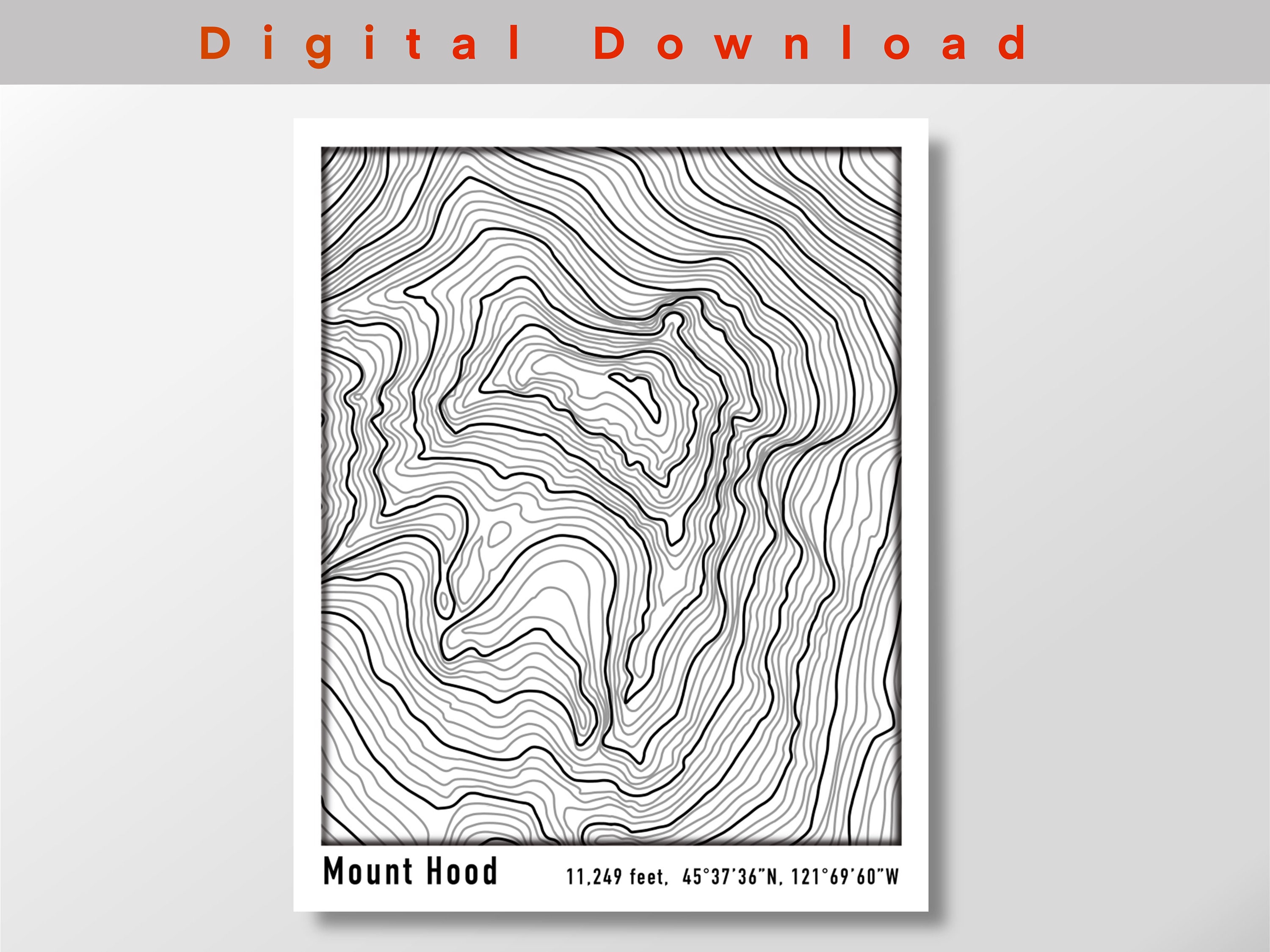 Mount Hood Topographic Map Poster, DIGITAL DOWNLOAD, Contour Map of Mt ...