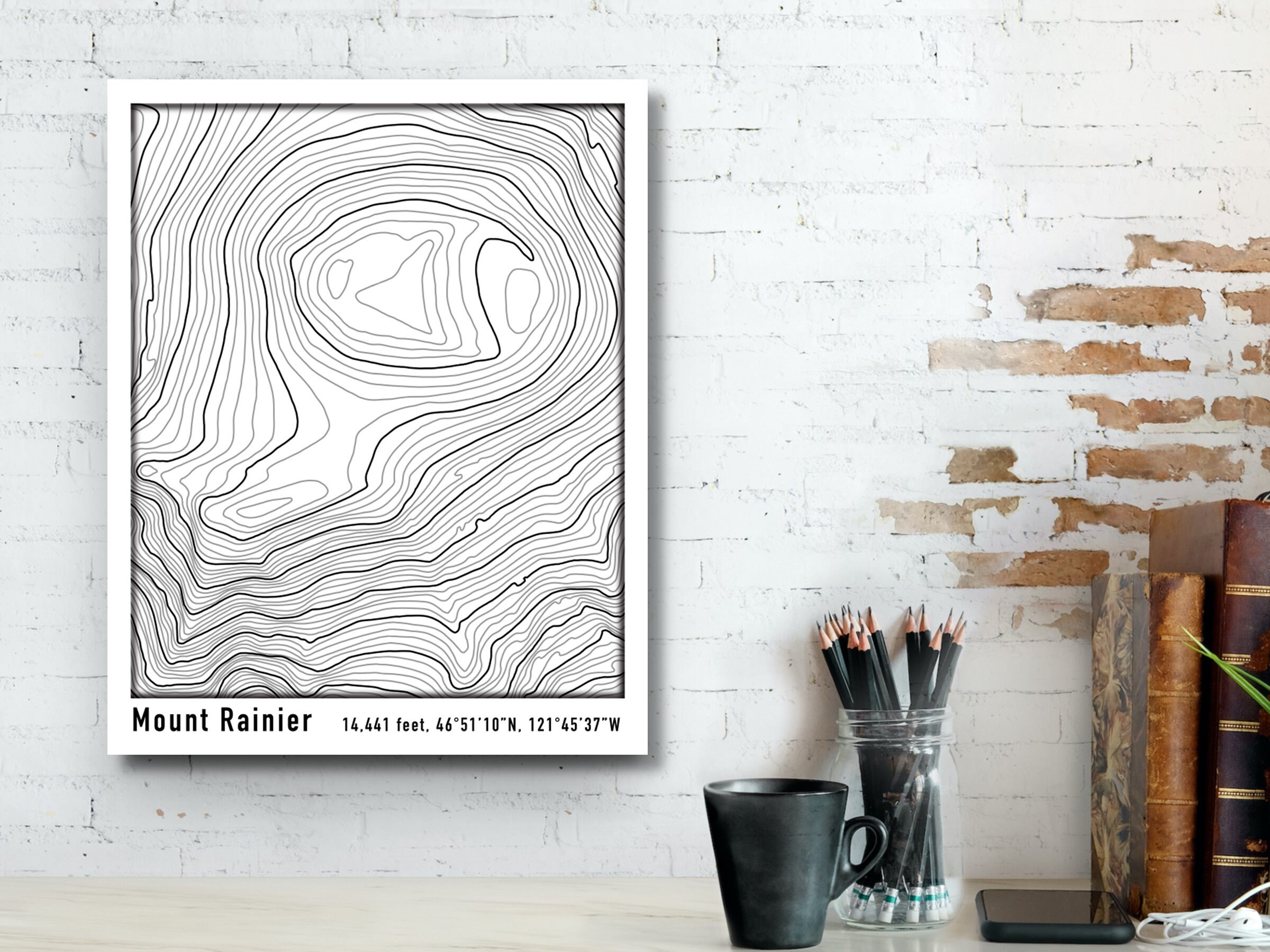 Mount Rainier Topographic Map Poster, Black Lines on White Background ...