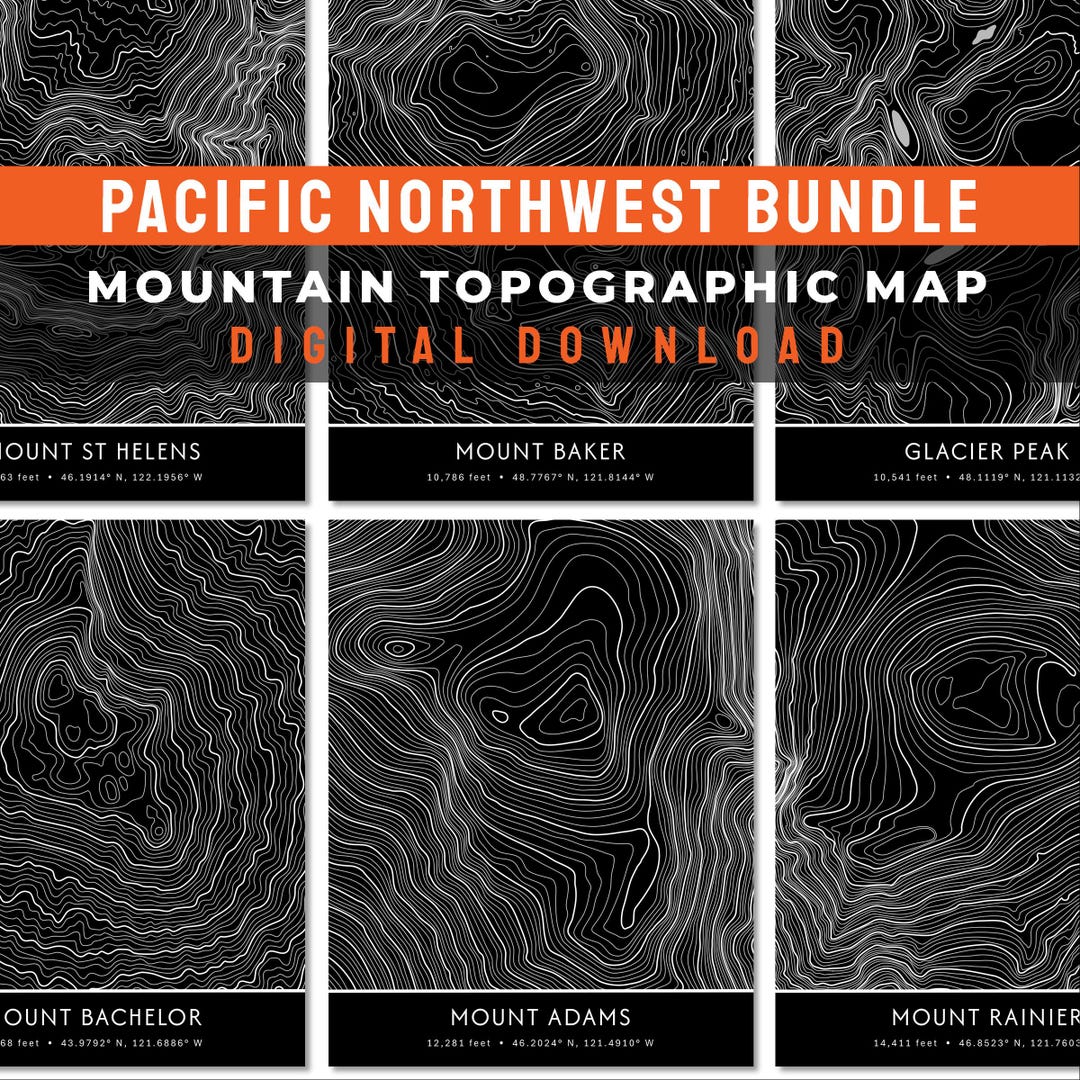 Pacific NW Mountain Bundle, Digital Art Download, Topographic Contour ...