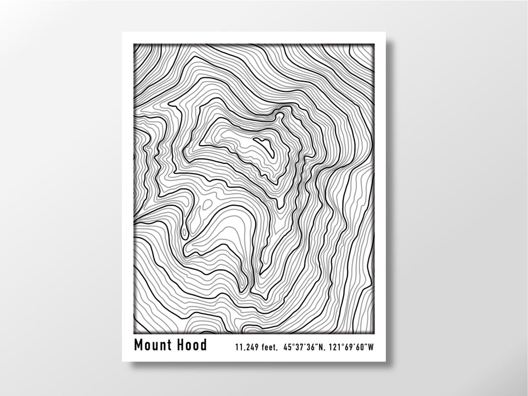 Mount Hood Topographic Map Poster, Black Lines on White Background ...