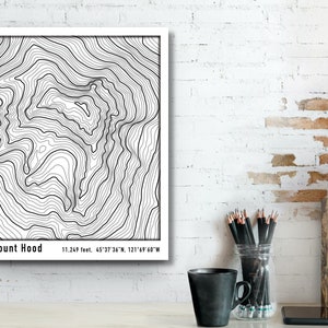 Mount Hood Topographic Map Poster, Black Lines on White Background ...