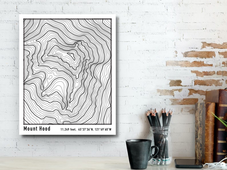 Mount Hood Topographic Map Poster, Black Lines on White Background ...