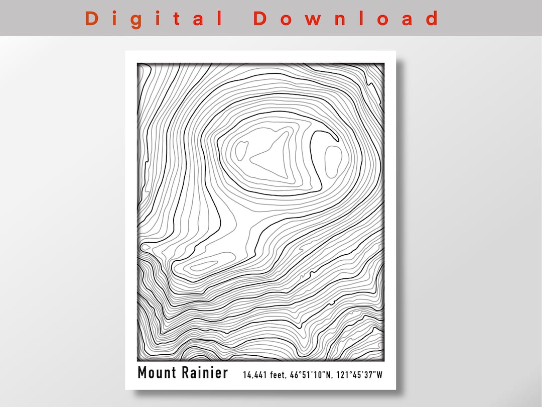 Mount Rainier Topographic Map Poster, DIGITAL DOWNLOAD, Contour Map of ...