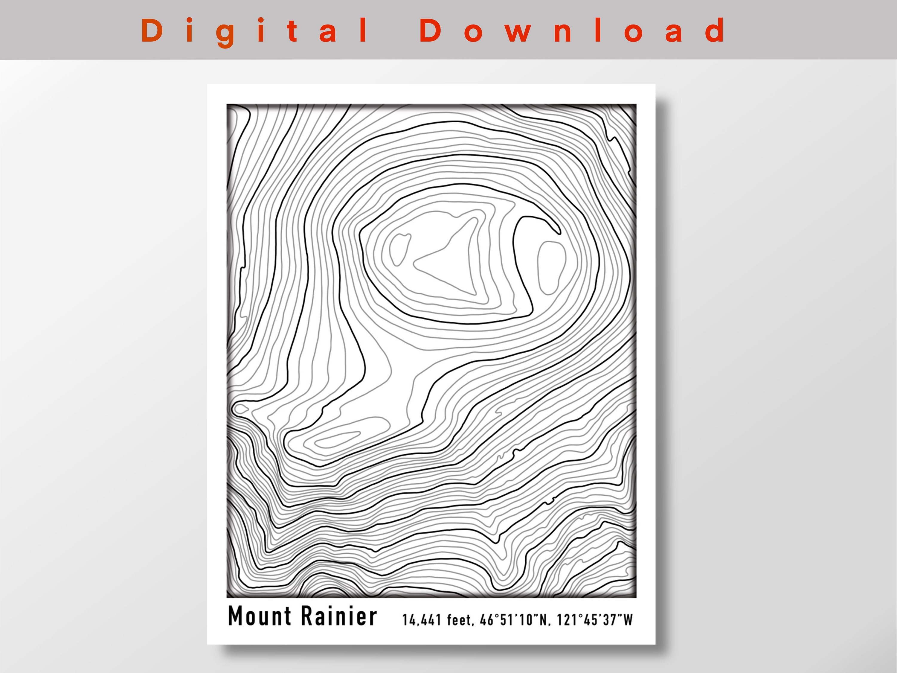 Mount Rainier Topographic Map Poster, DIGITAL DOWNLOAD, Contour Map of ...