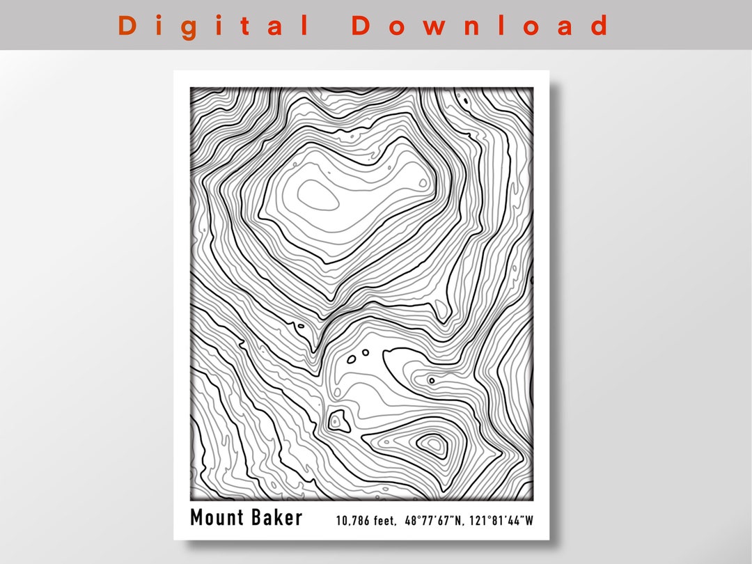 Mount Baker Topographic Map Poster, DIGITAL DOWNLOAD, Contour Map of Mt ...