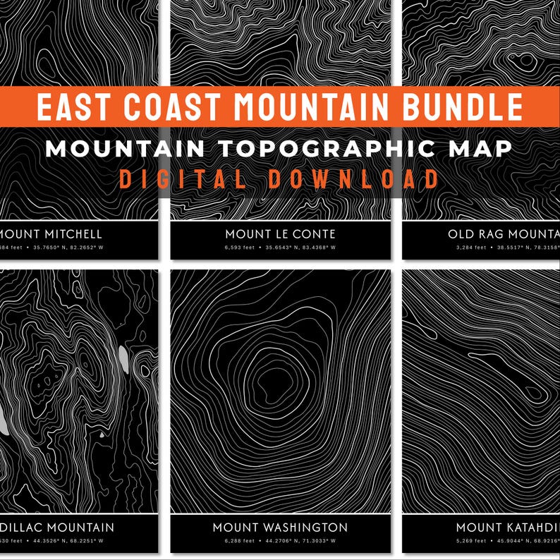 East Coast Mountain Bundle, Digital Art Download, Topographic Contour ...