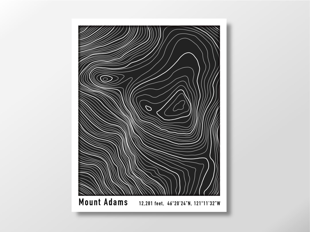Mount Adams Topographic Map Poster, White Lines on Black Background ...