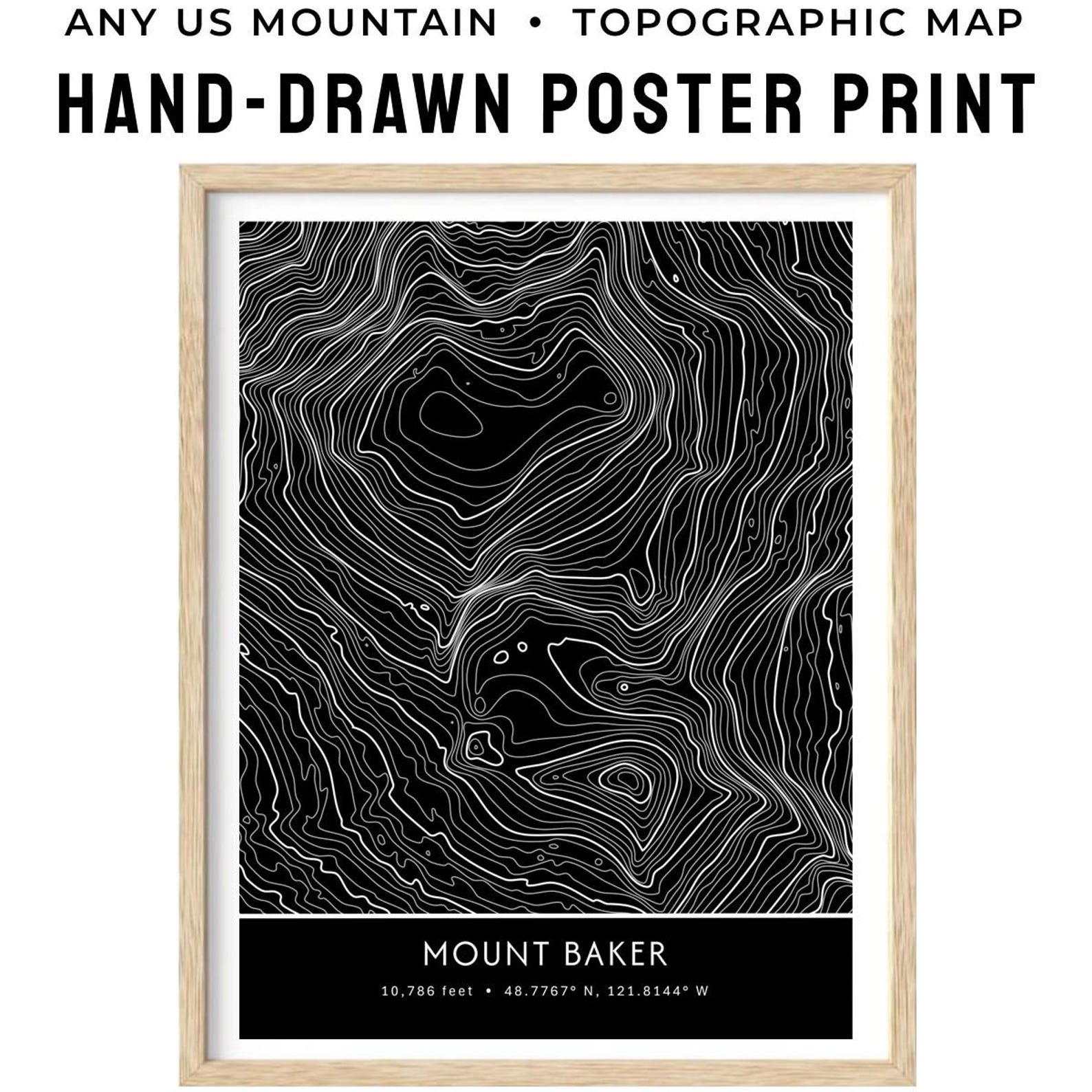 Mount Baker Topo Map, Washington Summit Topography Poster, Custom ...