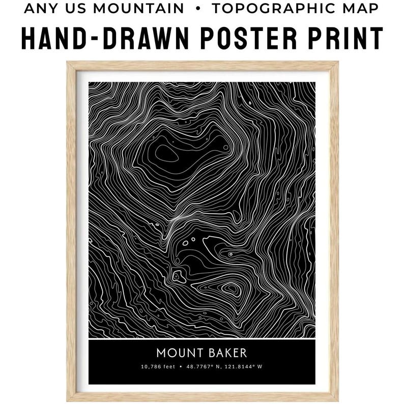 Mount Baker Topo Map, Washington Summit Topography Poster, Custom ...