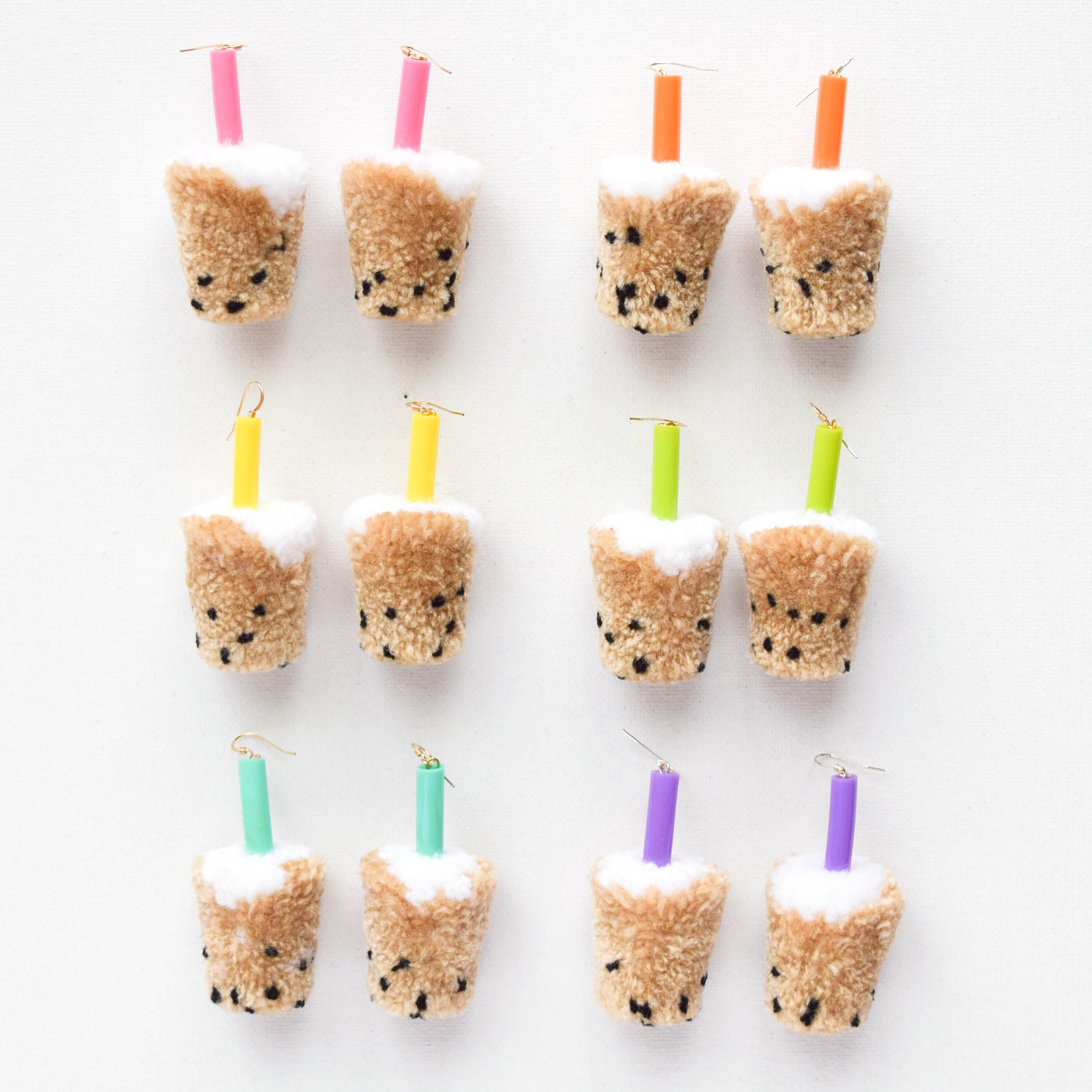 Boba Milk Tea Bubble Tea Pom Pom Earrings With Purple Straws - Etsy
